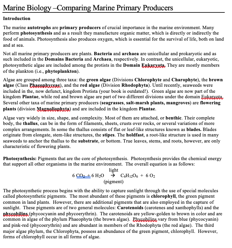 Solved Marine Biology-Comparing Marine Primary Producers | Chegg.com