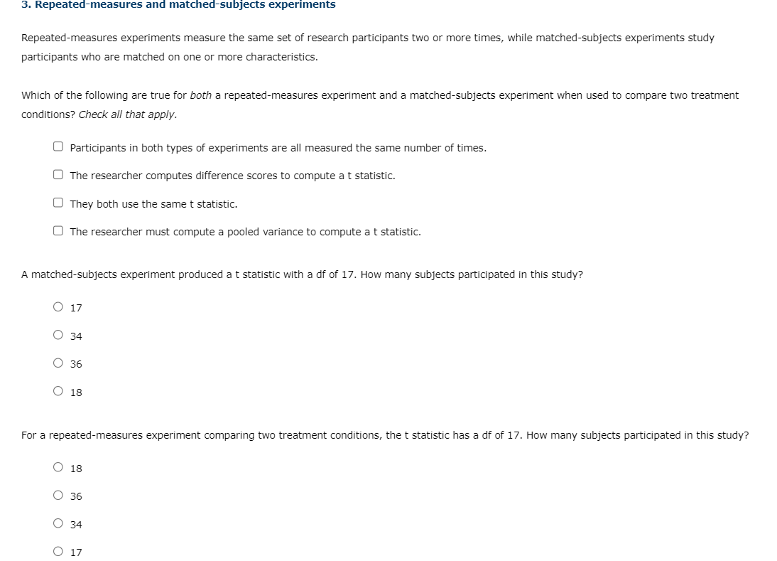 Solved 3. Repeated-measures and matched-subjects experiments | Chegg.com Solved 3. Repeated-measures and matched-subjects experiments | Chegg.com