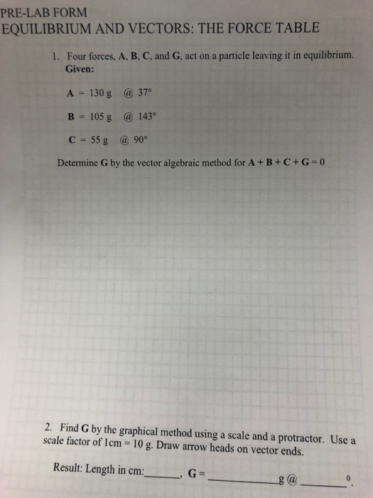Solved PRE-LAB FORM EQUILIBRIUM AND VECTORS: THE FORCE TABLE | Chegg.com