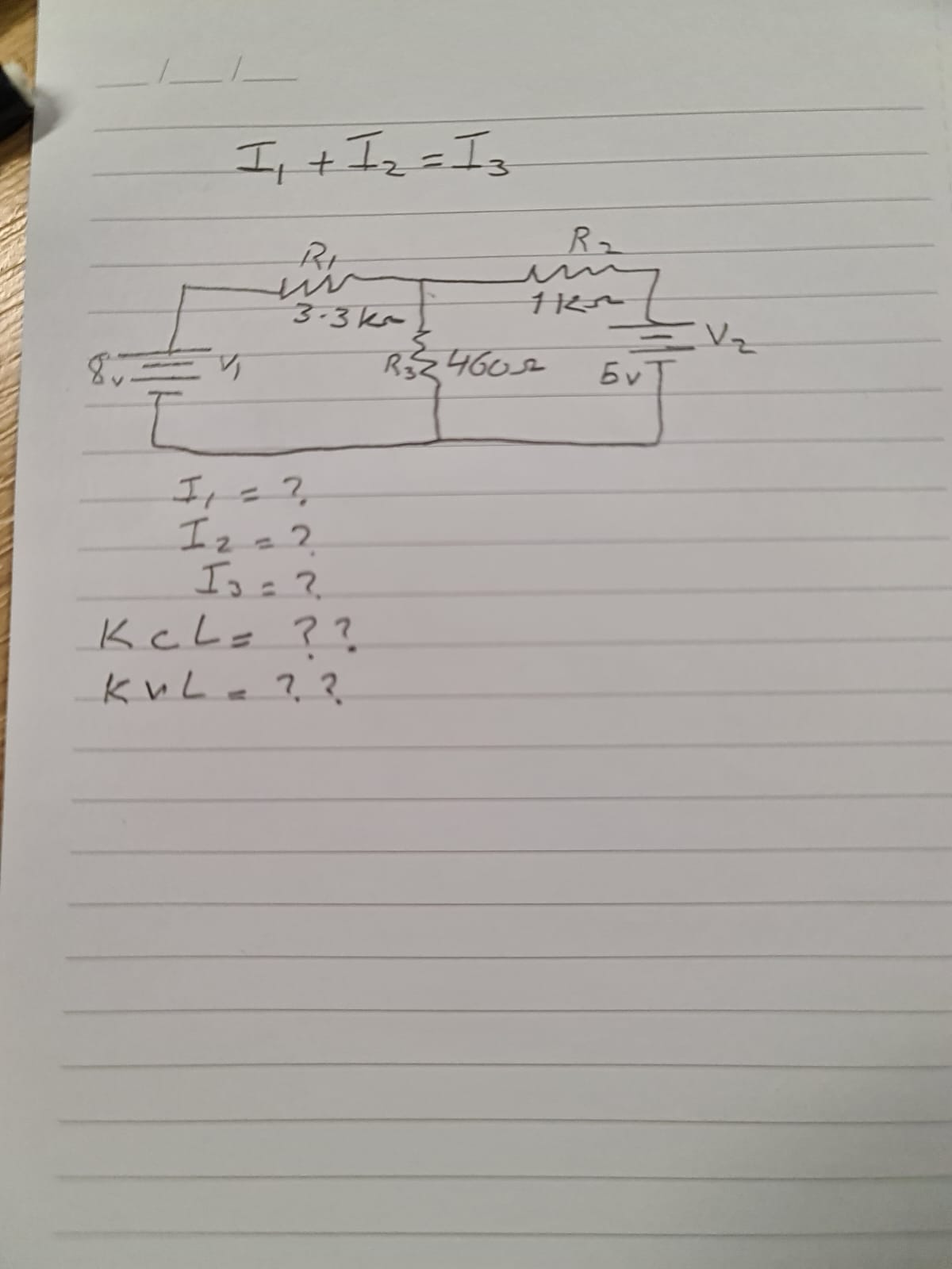Solved I1+I2=I3 I1I2I3KCLKVL=?=?=?=??=?? | Chegg.com