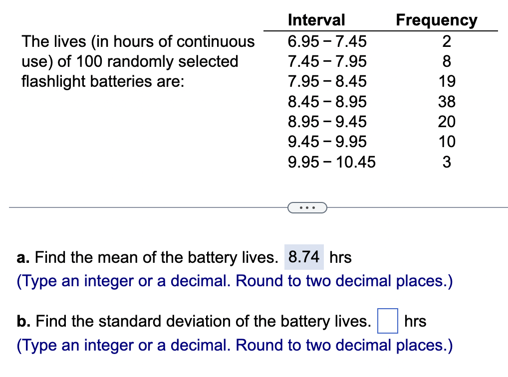 Solved a. Find the mean of the battery lives. 8.74 hrs (Type | Chegg.com