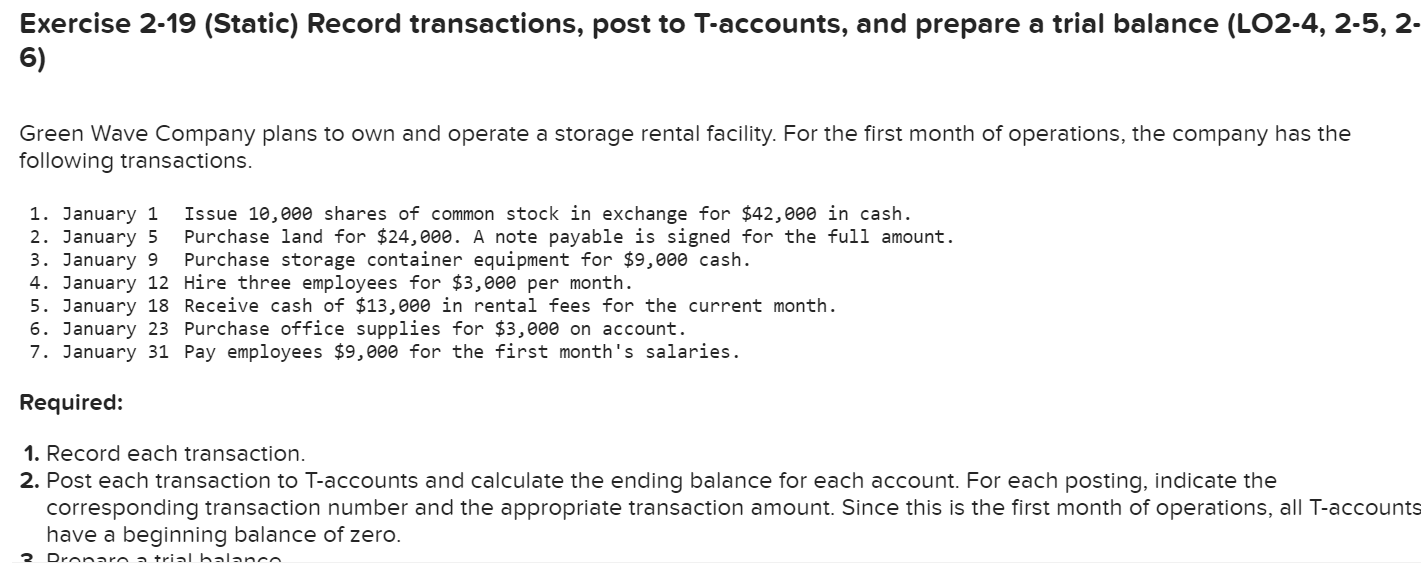Solved Exercise 2-19 (Static) Record transactions, post to | Chegg.com