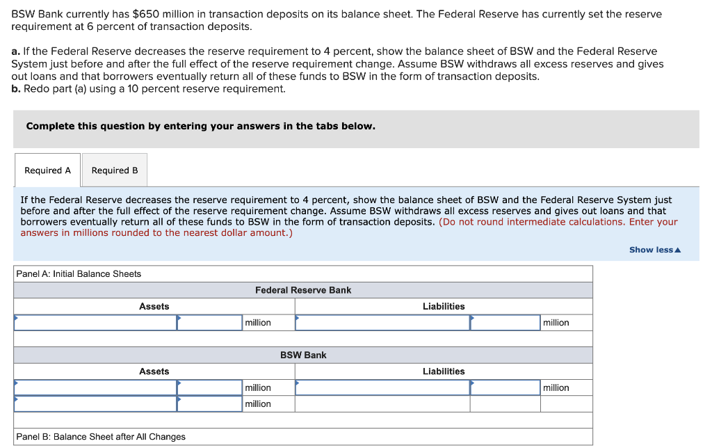 Solved BSW Bank currently has $650 million in transaction | Chegg.com