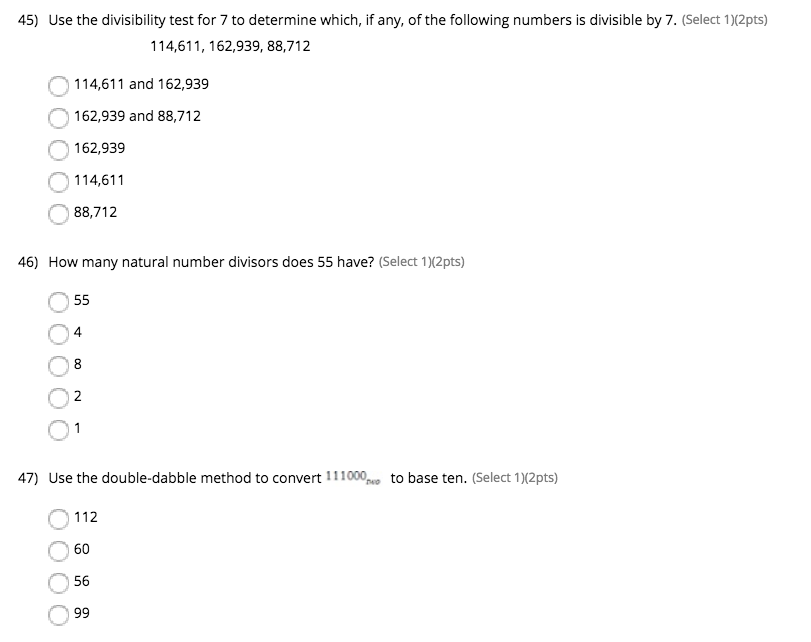 Solved 45) Use the divisibility test for 7 to determine | Chegg.com
