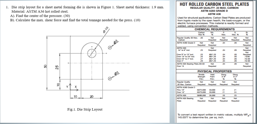 1. Die strip layout for a sheet metal forming die is | Chegg.com
