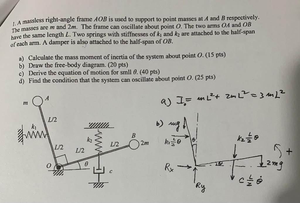 1. A massless right-angle frame AOB is used to | Chegg.com