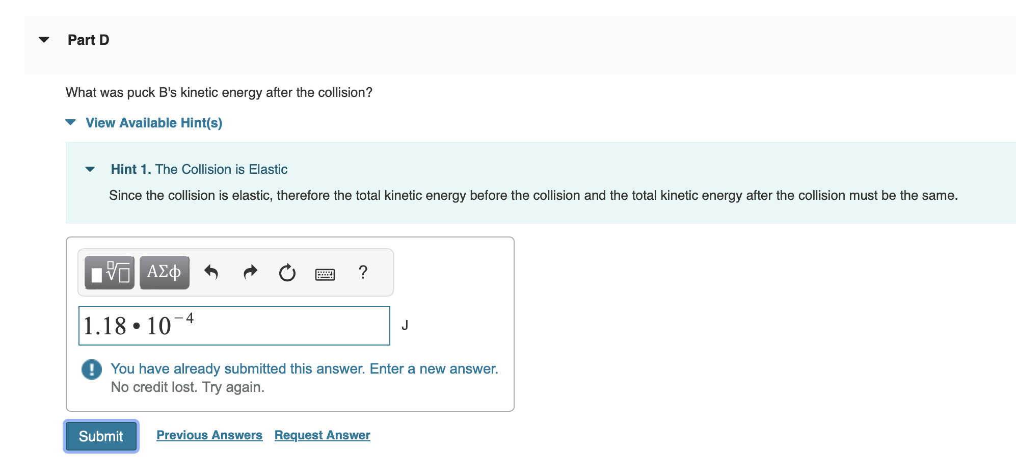 Solved Part DWhat was puck B's kinetic energy after the | Chegg.com