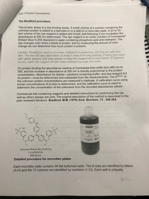 Determination of Protein Concentration by dye binding | Chegg.com