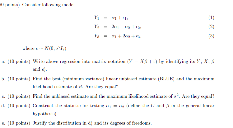Solved 50 points) Consider following model Q1 + €1, Y1 Y2 | Chegg.com