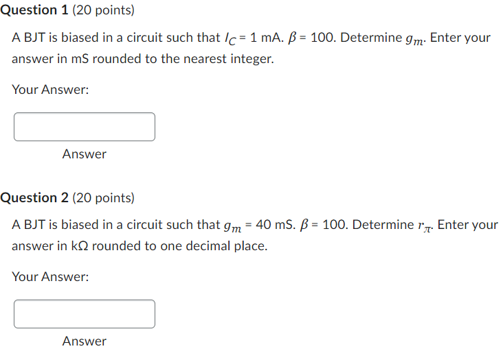 Solved A BJT is biased in a circuit such that IC=1 mA.β=100. | Chegg.com