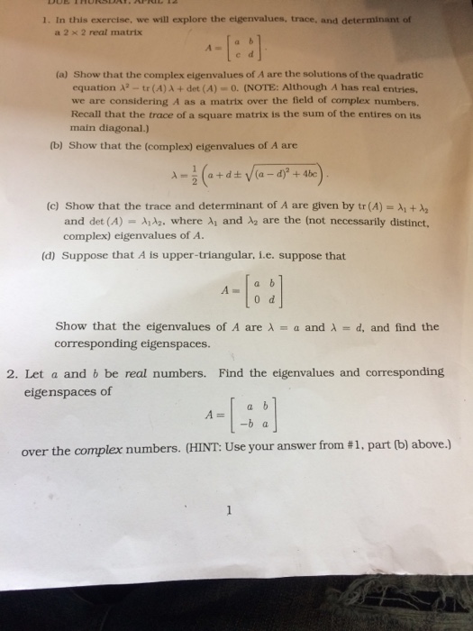 Solved 1. In this exercise, we will explore the eigenvalues, | Chegg.com