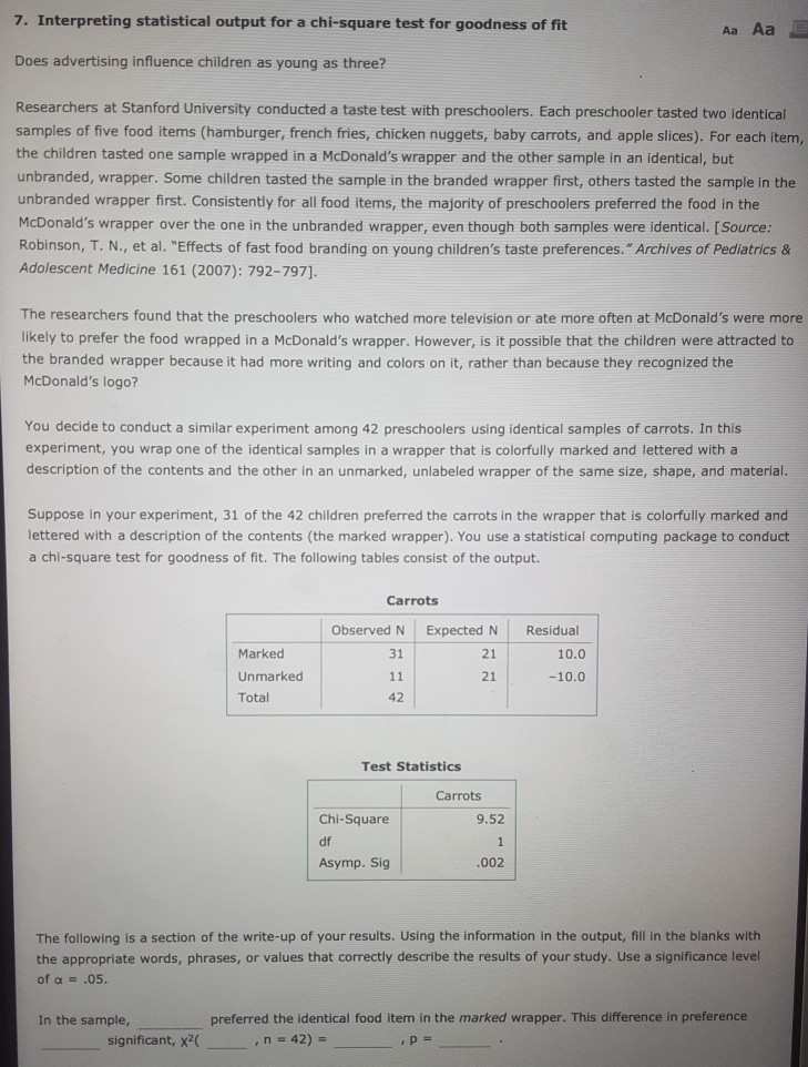 Solved 7. Interpreting statistical output for a chi-square | Chegg.com