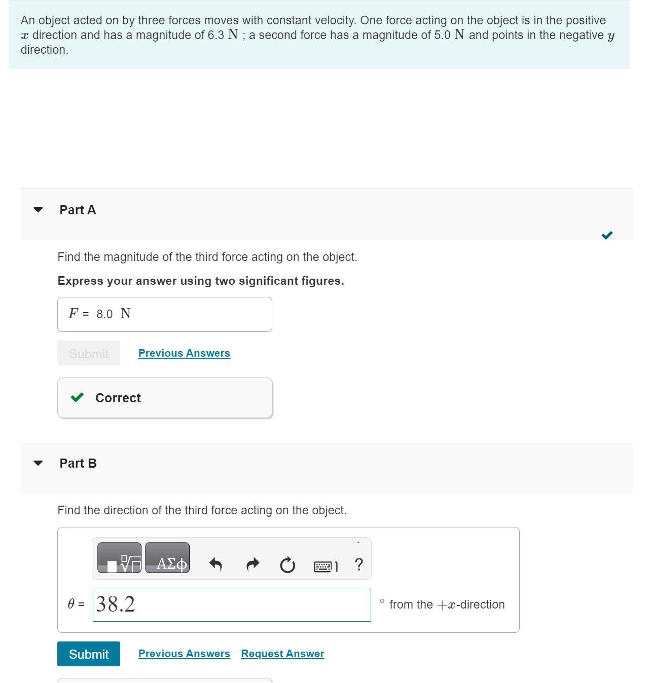 Solved An object acted on by three forces moves with | Chegg.com