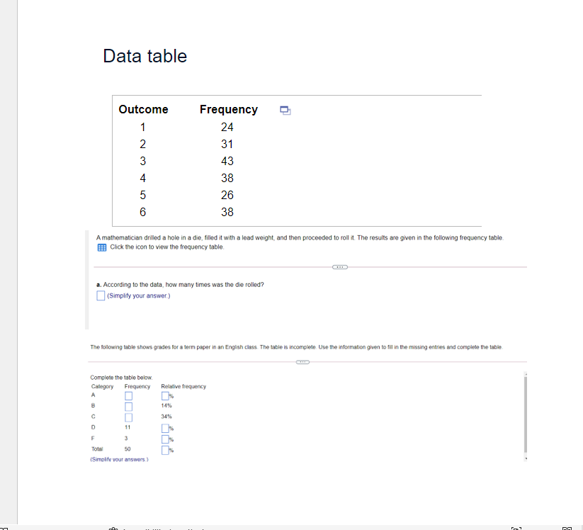 Solved Data table Frequency Outcome 1 2 3 24 ان کا 31 43 4 | Chegg.com