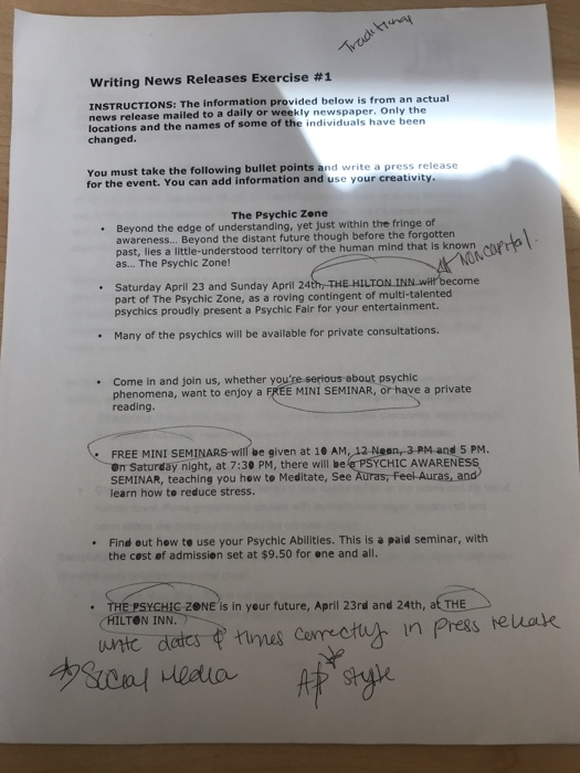 Solved Writing News Releases Exercise #1 INSTRUCTIONS: The | Chegg.com