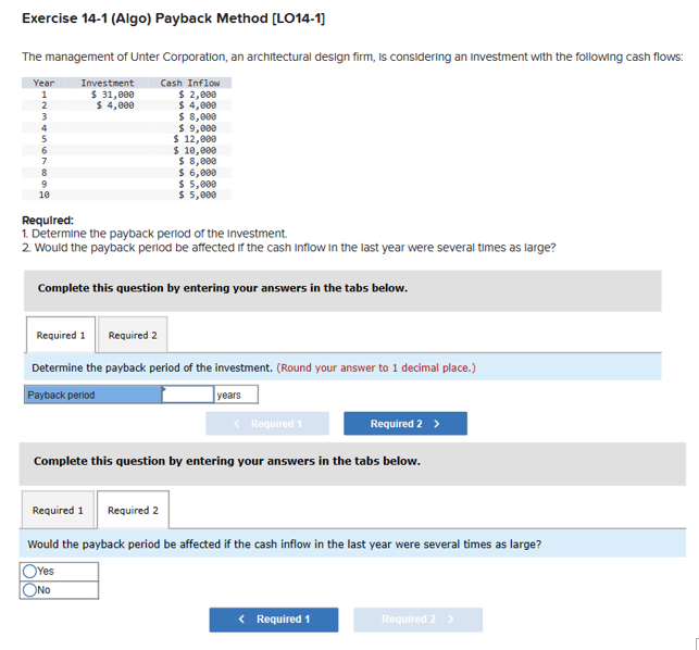 Solved Exercise 14-1 (Algo) Payback Method [LO14-1] The | Chegg.com