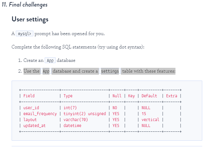 Solved 11. Final challenges User settings A mysql> prompt | Chegg.com