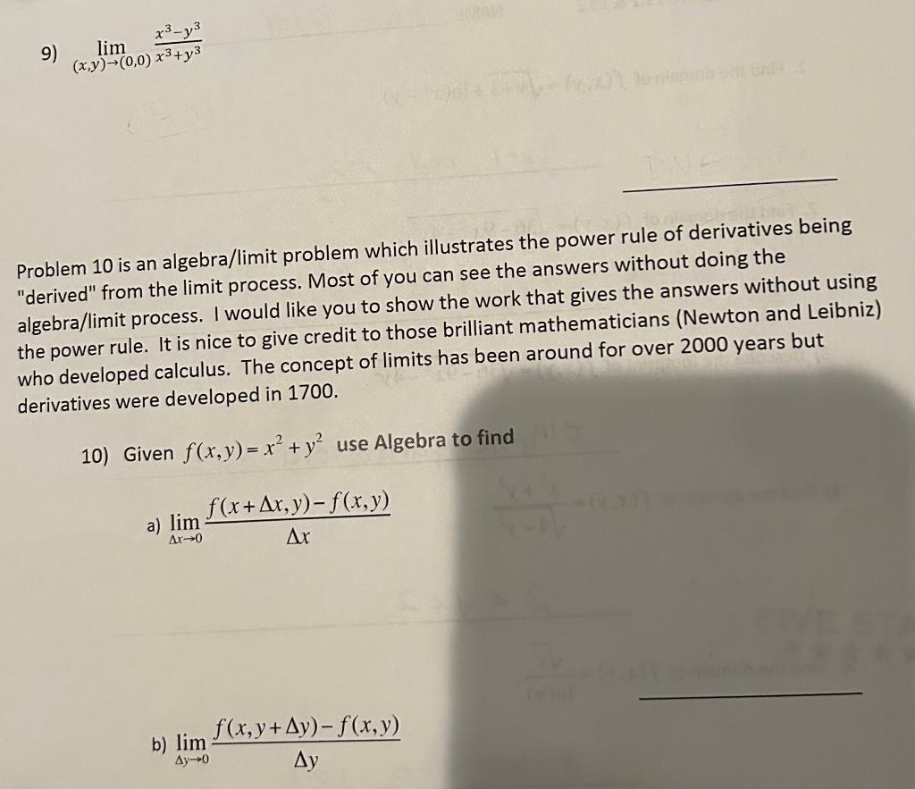 Solved 9) lim(x,y)→(0,0)x3+y3x3−y3 Problem 10 is an | Chegg.com