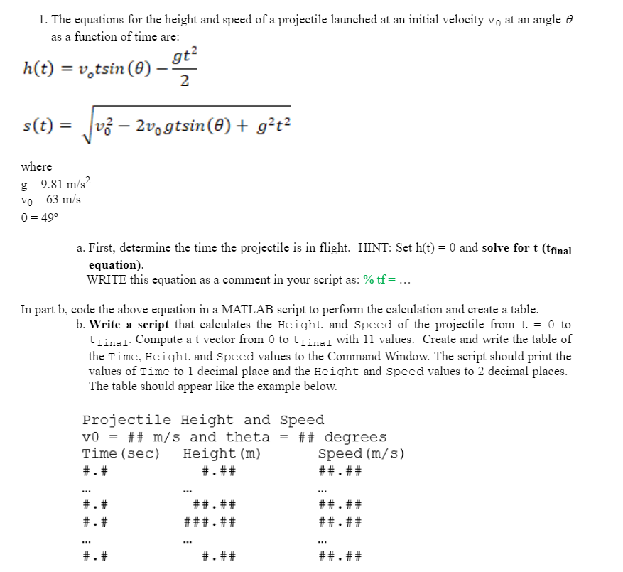Solved 1. The equations for the height and speed of a | Chegg.com