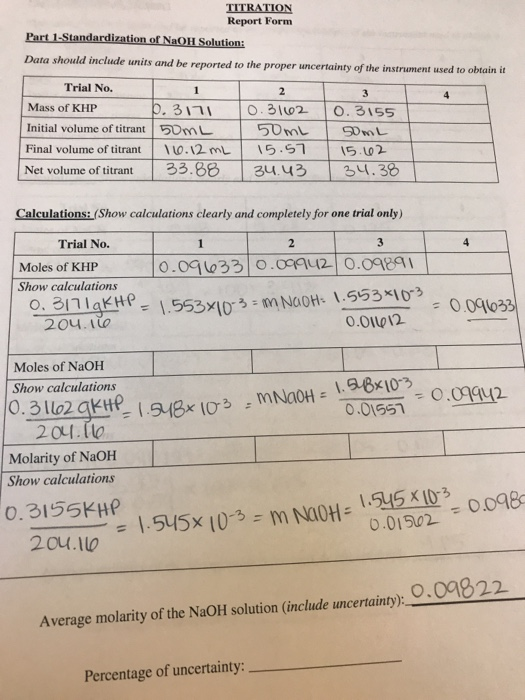 TITRATION Report Form Part 1 Standardization of NaOH | Chegg.com