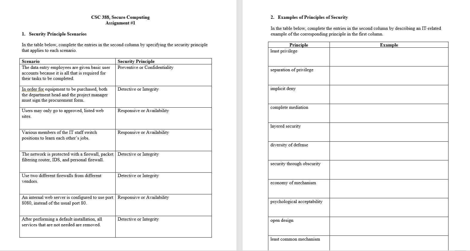 2. Examples of Principles of Security CSC 388, Secure | Chegg.com