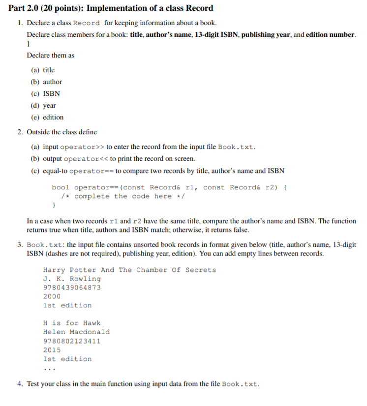 Part 2.0 (20 points): Implementation of a class | Chegg.com