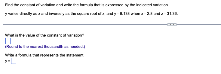 Solved Find the constant of variation and write the formula | Chegg.com