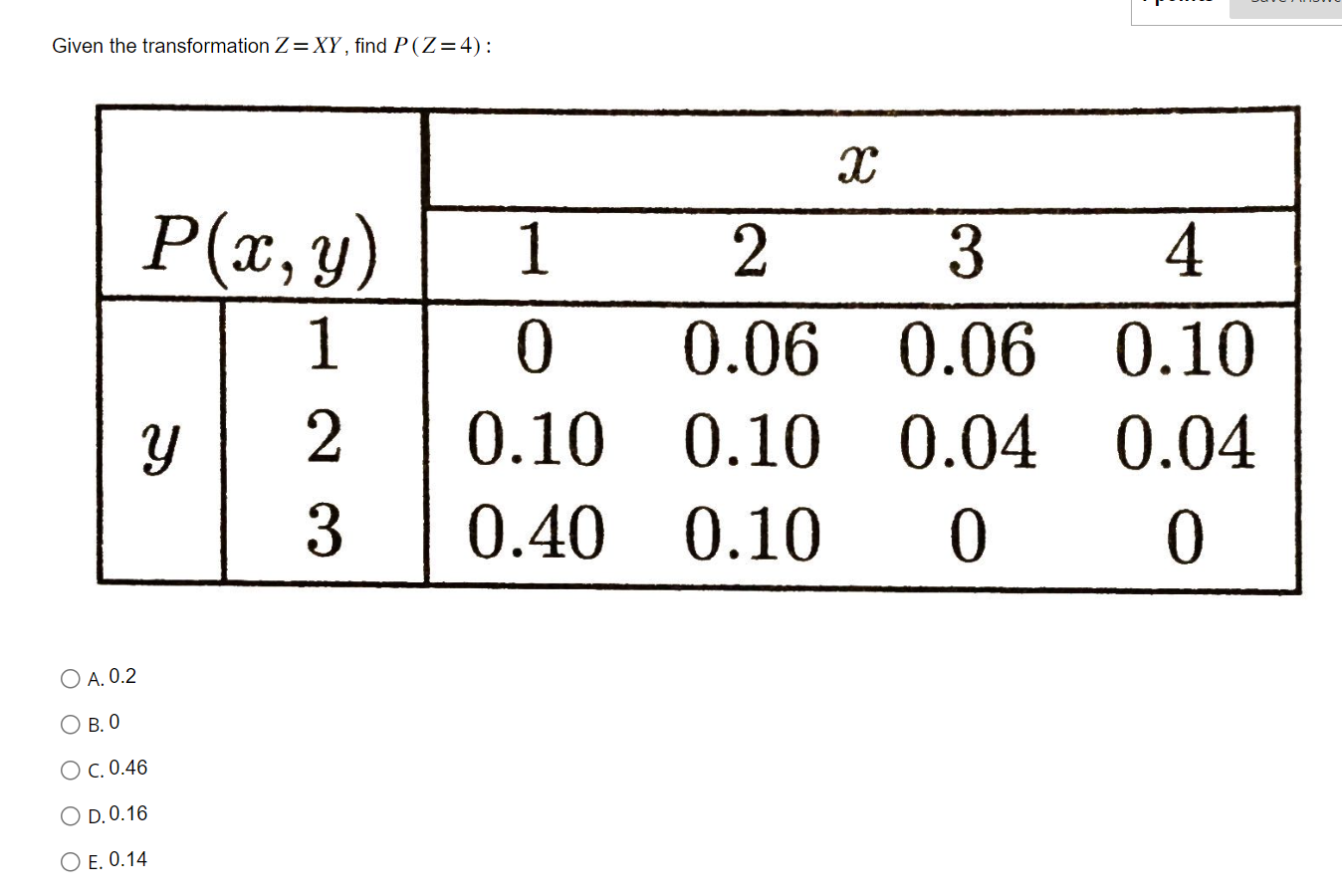 Solved Given the transformation Z=XY, find P(Z=4) : A. 0.2 | Chegg.com