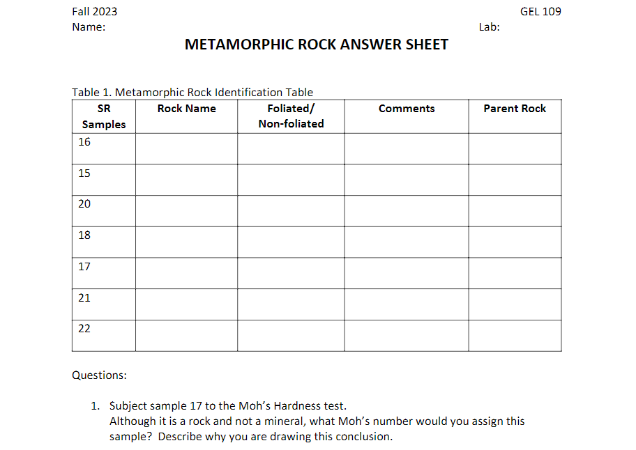 Solved METAMORPHIC ROCK ANSWER SHEET Questions: 1. Subject | Chegg.com