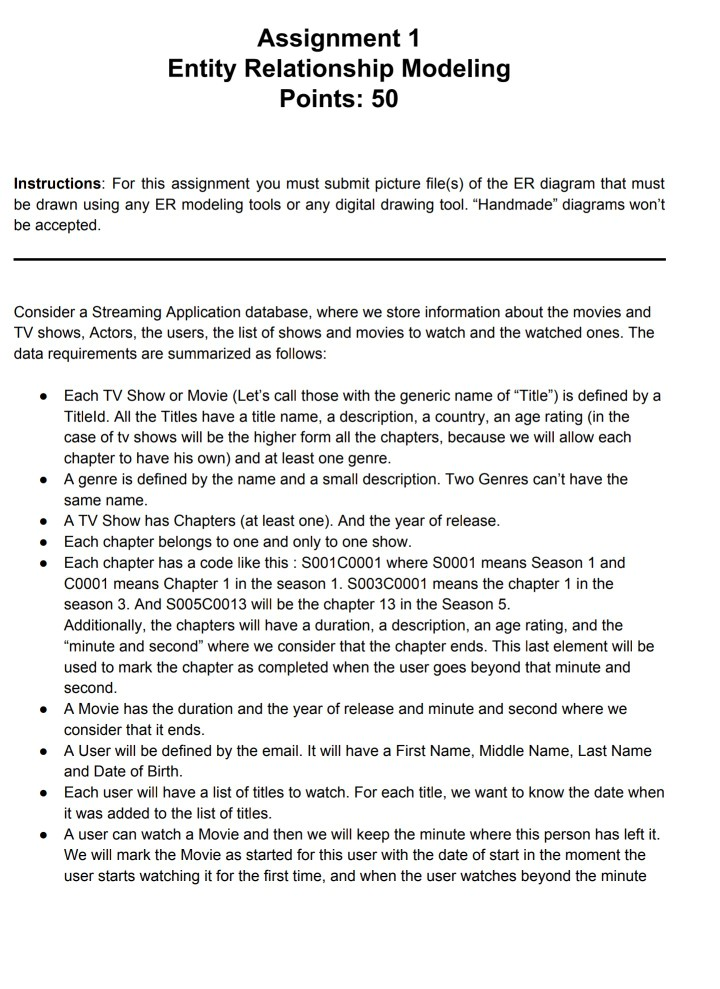 Assignment 1 Entity Relationship Modeling Points: 50 | Chegg.com