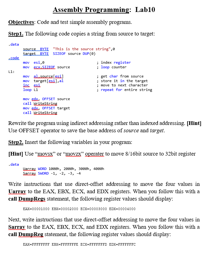Solved Assembly Programming: Lab10 Objectives: Code and test | Chegg.com