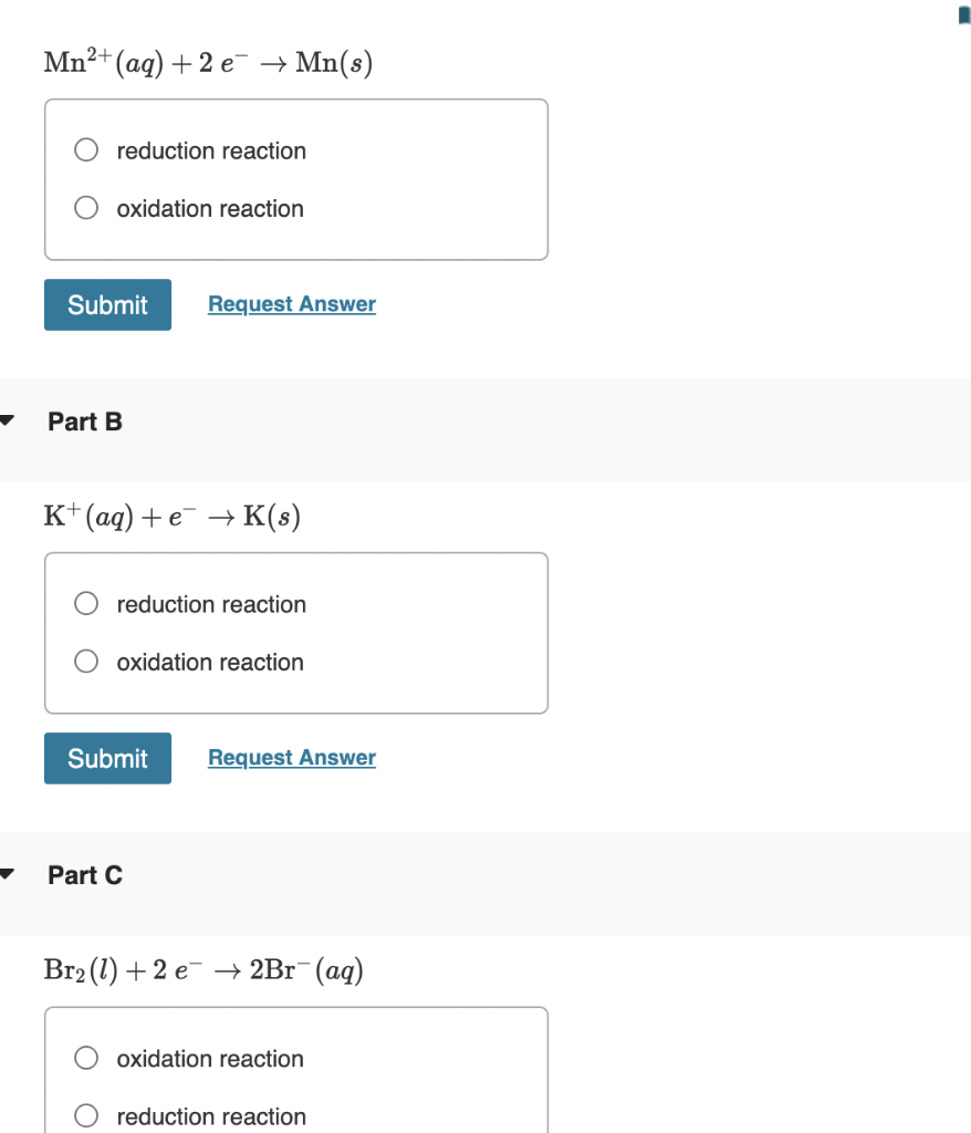 Solved Mn2+(aq)+2e−→Mn(s) reduction reaction oxidation | Chegg.com