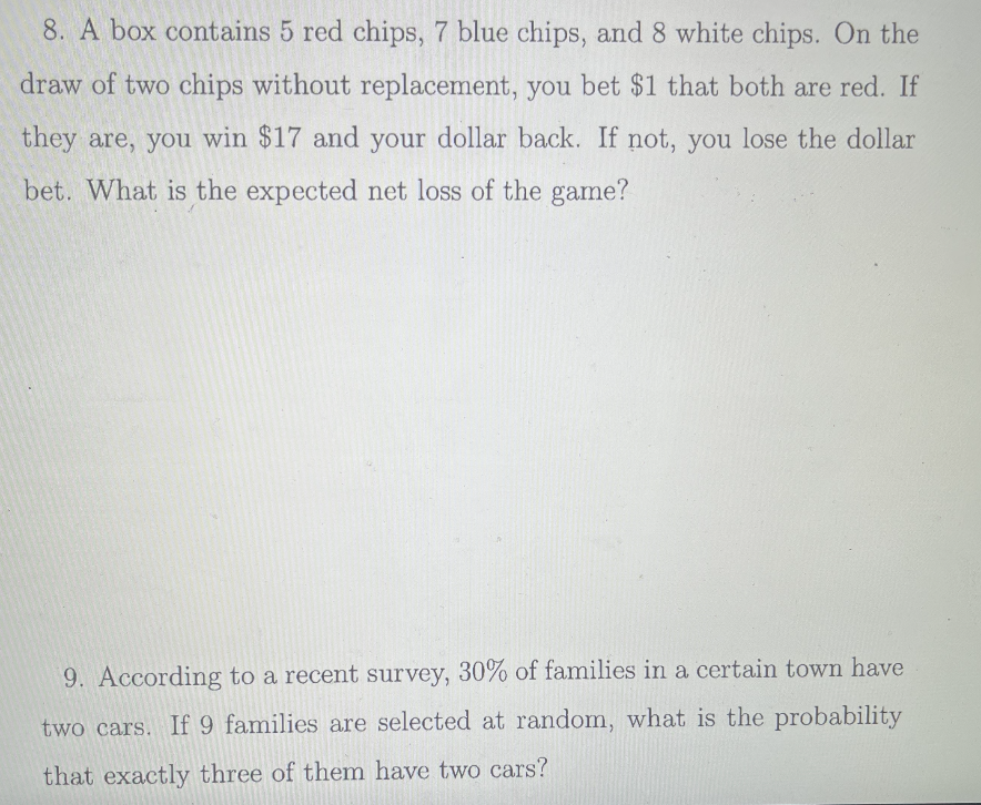 Solved 8. A box contains 5 red chips, 7 blue chips, and 8 | Chegg.com
