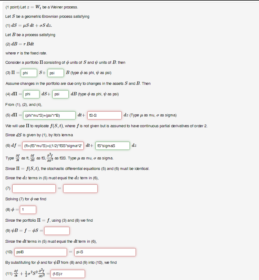 Solved (1 point) Let z=Wtz=Wt be a Weiner process. Let SS be | Chegg.com