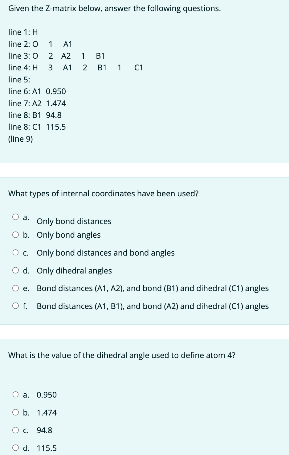 Solved Given the Z-matrix below, answer the following | Chegg.com