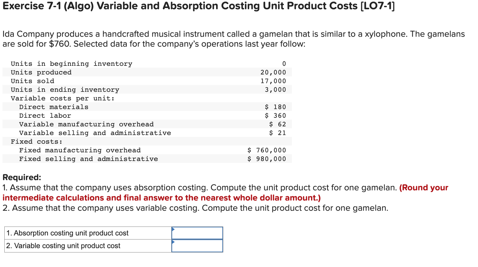 Solved Exercise 7-1 (Algo) Variable and Absorption Costing | Chegg.com