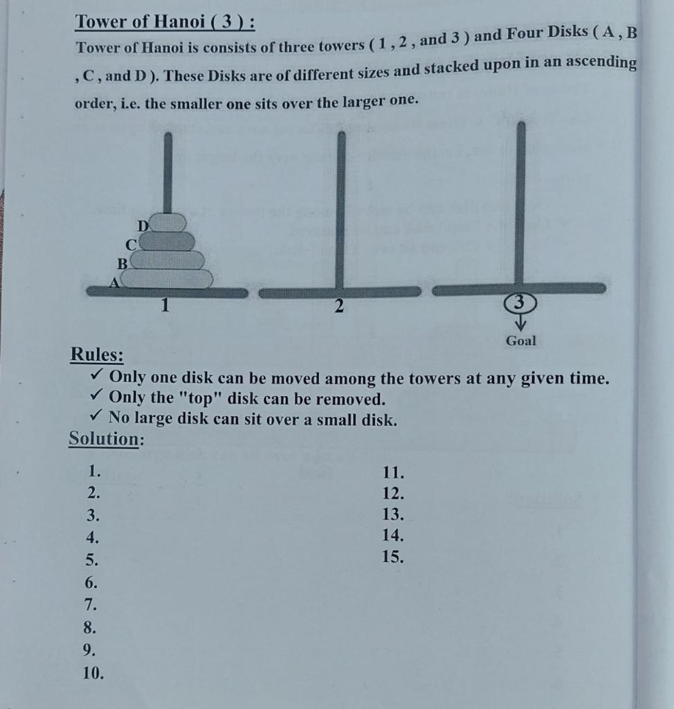 Solved Tower of Hanoi ( 3 ) : Tower of Hanoi is consists of | Chegg.com