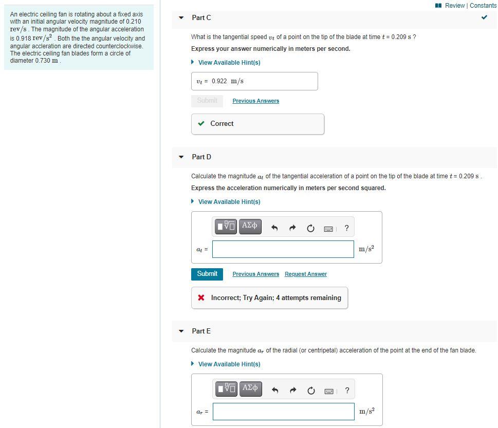 Solved A Review Constants Part C An electric ceiling fan is | Chegg.com