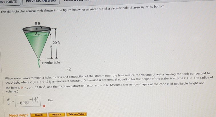 Solved The right circular conical tank shown in the figure | Chegg.com