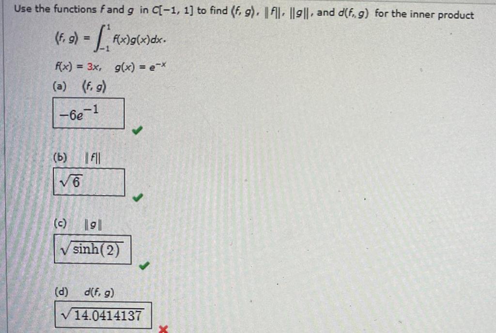 Solved Use the functions fand g in C[-1, 1) to find (f. 9), | Chegg.com