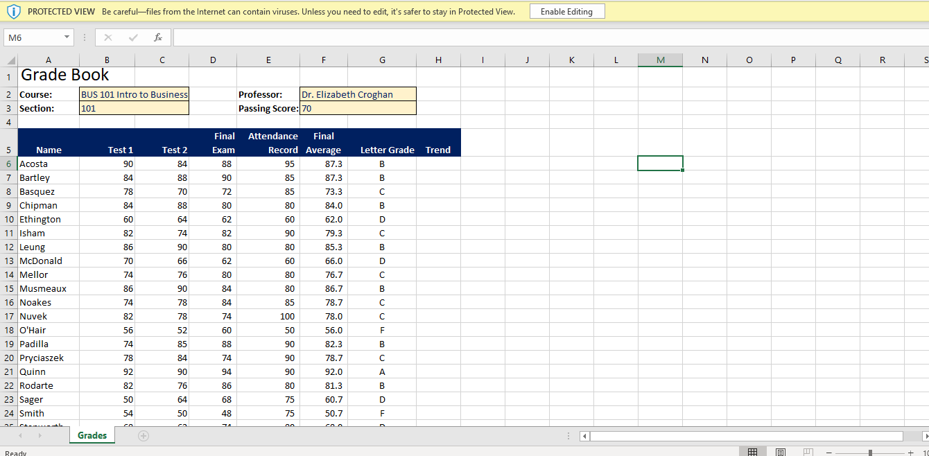 Exp19_Excel_Ch03_ML2_Grades.xlsx - EXCEL 2019 Would | Chegg.com