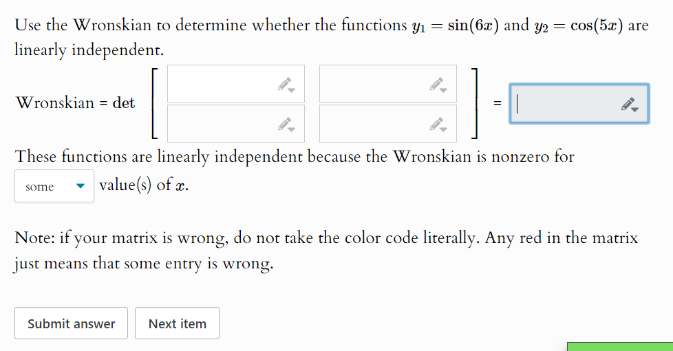 Solved Use the Wronskian to determine whether the functions | Chegg.com