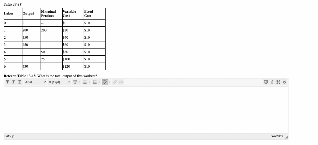 Solved Table 13-18 Labor Output Marginal Product Variable | Chegg.com