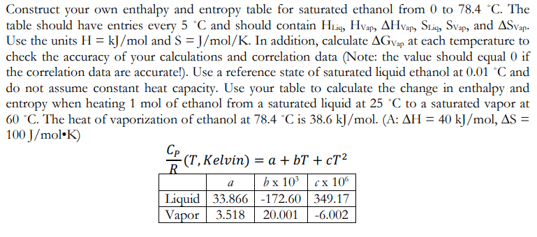 Solved Construct your own enthalpy and entropy table for | Chegg.com