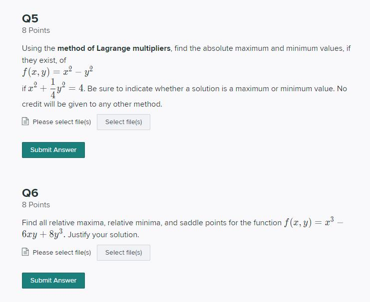 Solved Q5 8 Points Using the method of Lagrange multipliers, | Chegg.com