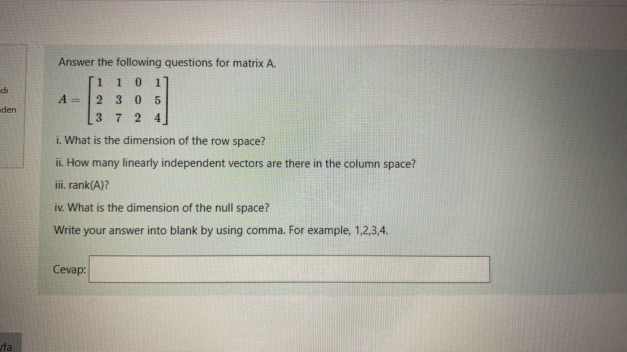 Solved Answer the following questions for matrix A. | Chegg.com