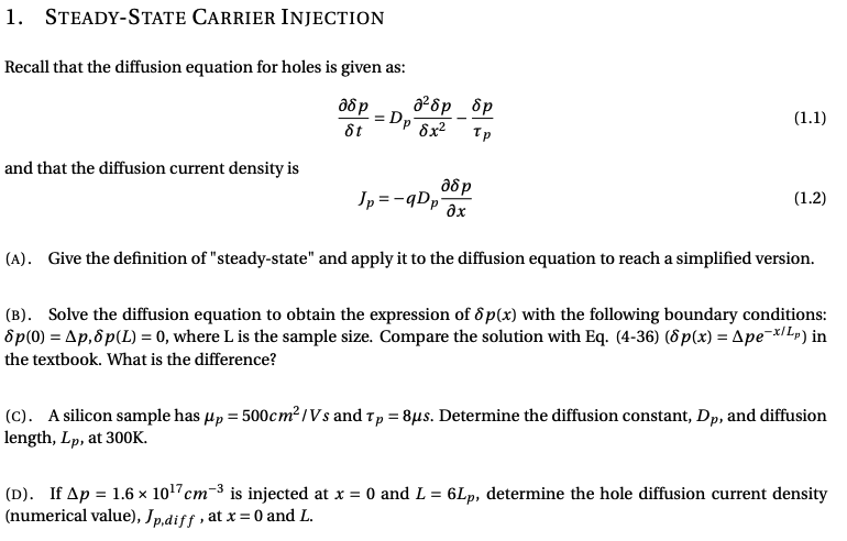 Solved 1 Steady State Carrier Injection Recall That The