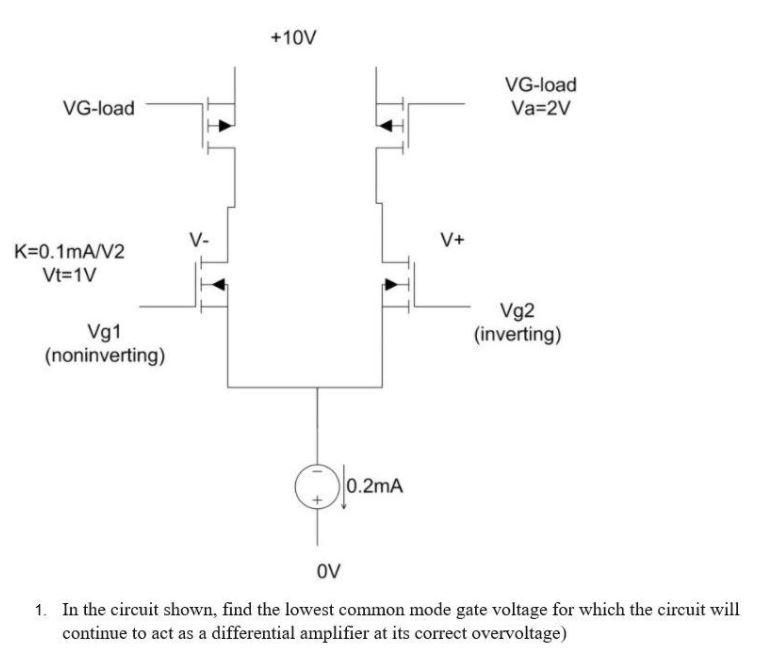 Solved +10V VG-load VG-load Va=2V V- V+ K=0.1mA/V2 Vt=1V Vg1 | Chegg.com