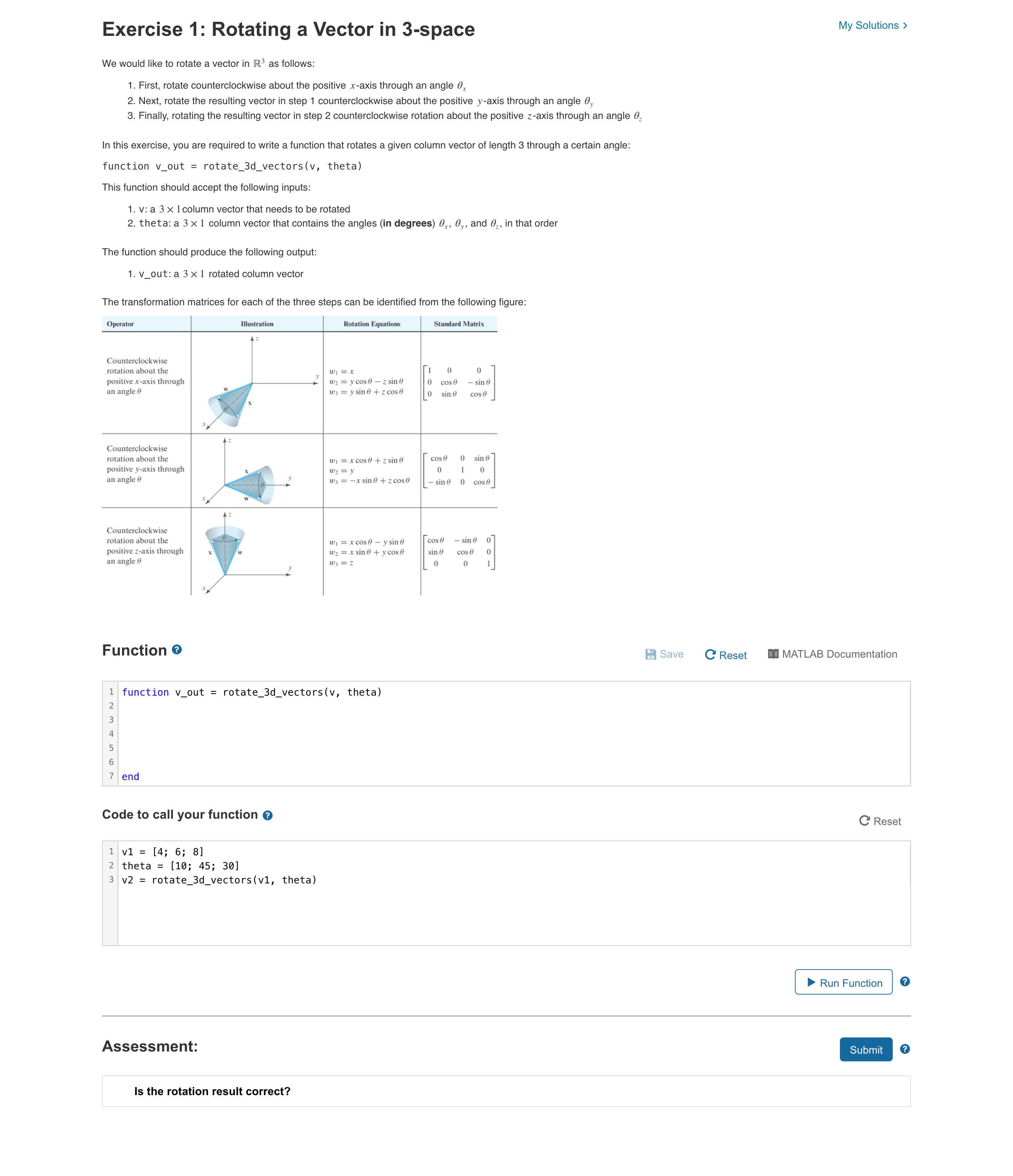 Solved Exercise 1: Rotating a Vector in 3-space My Solutions | Chegg.com