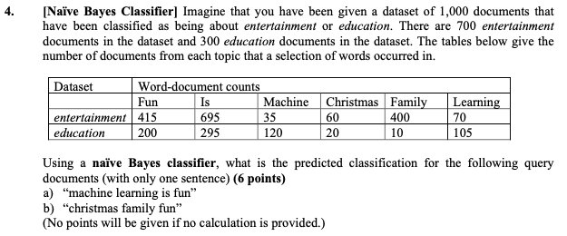 Solved 4. [Naïve Bayes Classifier] Imagine that you have | Chegg.com